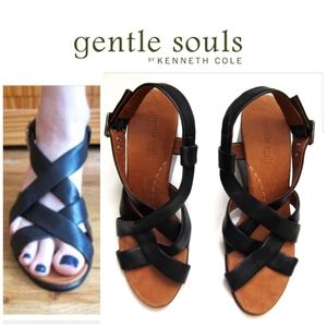 gentle souls | Shoes | Gentle Souls Strappy Black Leather Sandal Wedge ...